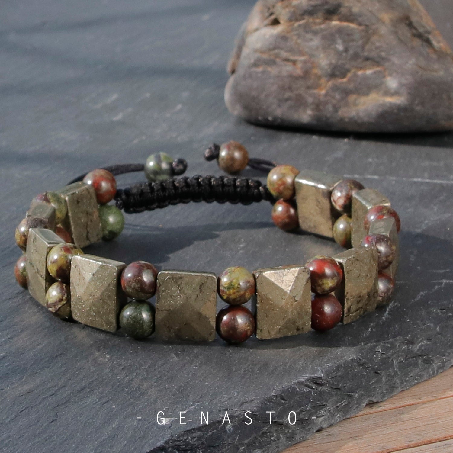 Pyrite Stone and Dragon Blood Stone Bracelet | GENASTO